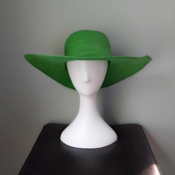 Vintage | Accessories | Vtg Kelly Green Plastic Straw Wide Brim Floppy ...